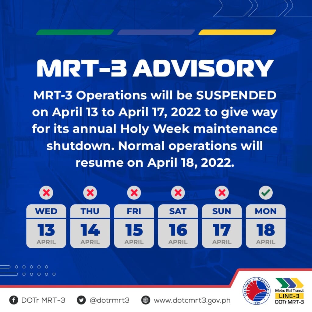 DOTR: MRT-3 to pause operation during Holy Week 2022 | Philippine Primer